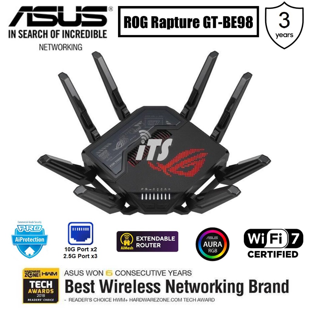 Asus BE25000 Quad-Band WiFi 7 Dual 10G WAN Gaming Router (ROG Rapture ...
