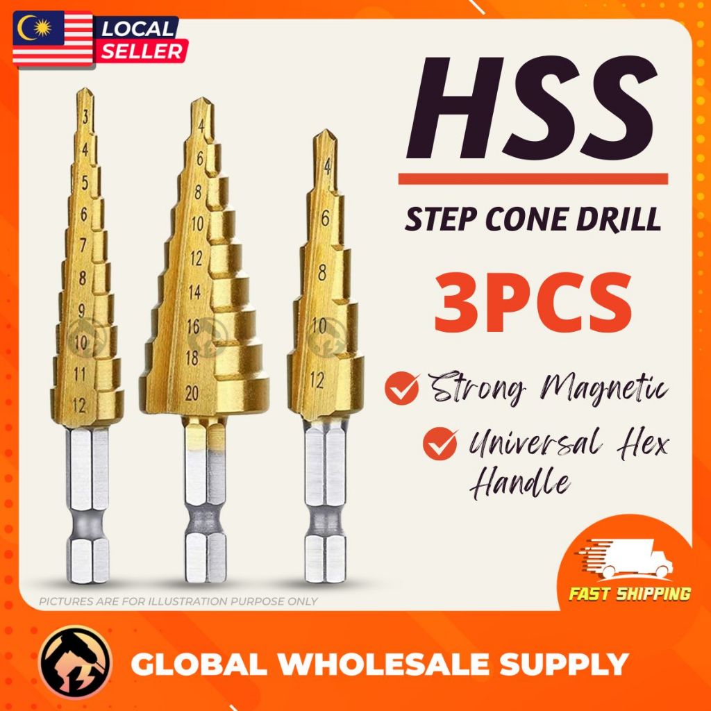 3PCS HSS Titanium-Coated Step Drill Bit Set Cone Drill Non-slip Quick-Change Hex Shank Hole ...