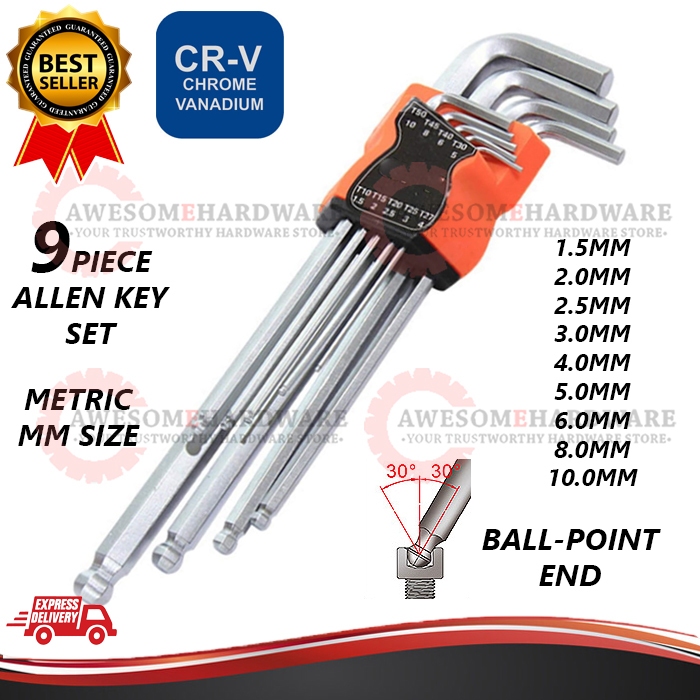 NATORO 73011 9PCS CRV STEEL EXTRA LONG HEX ALLEN KEY SET 1.5MM-10MM ...