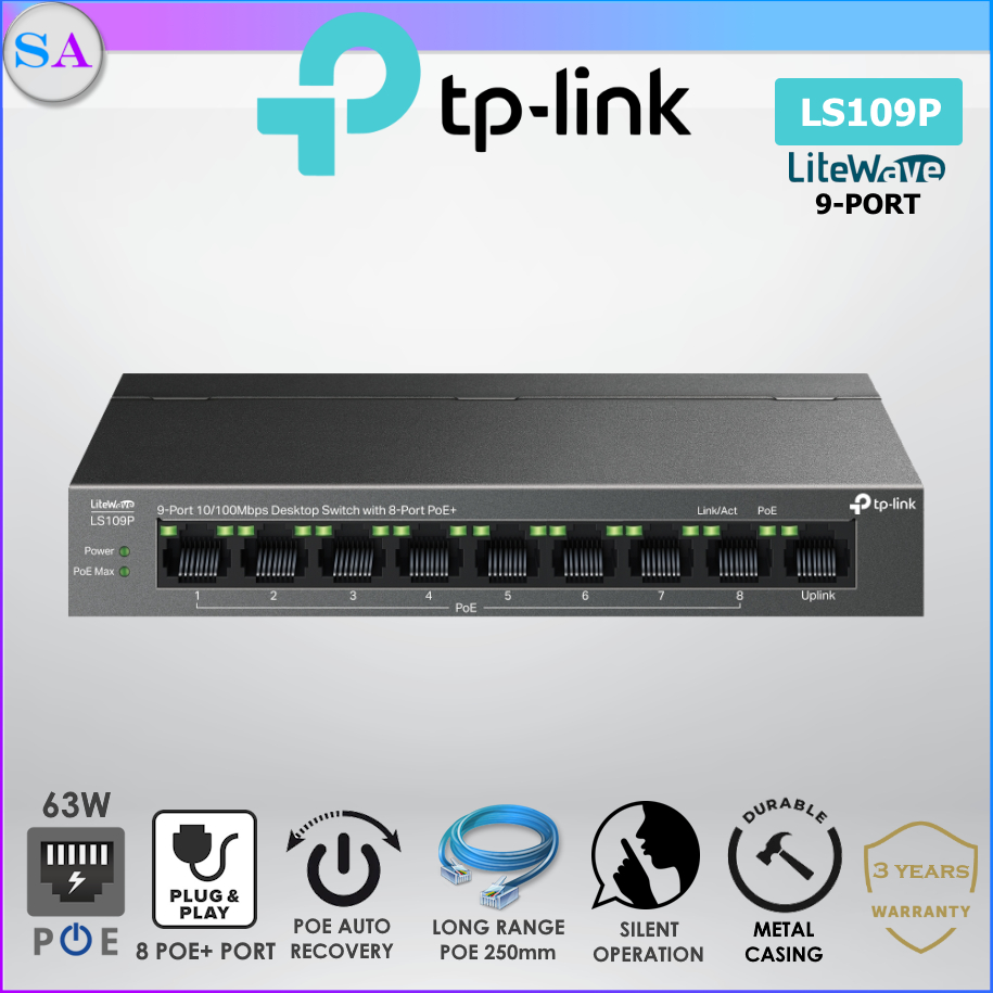 TP-Link LS109P 9 Port 63W with 8-Port PoE LiteWave 10/100Mbps Desktop ...