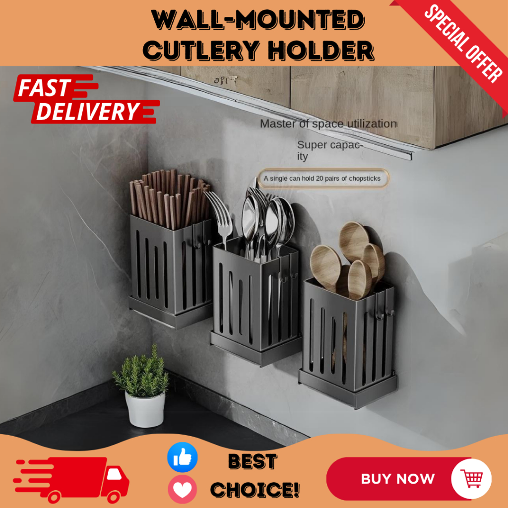 Wall-Mounted Utensils Storage Box No Drill KitchenMulti Purpose Storage ...