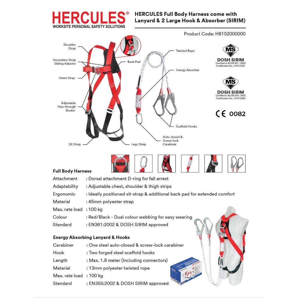 Hercules Full Body Hardness Come With Lanyard & 2 Large Hook & Absorber ...