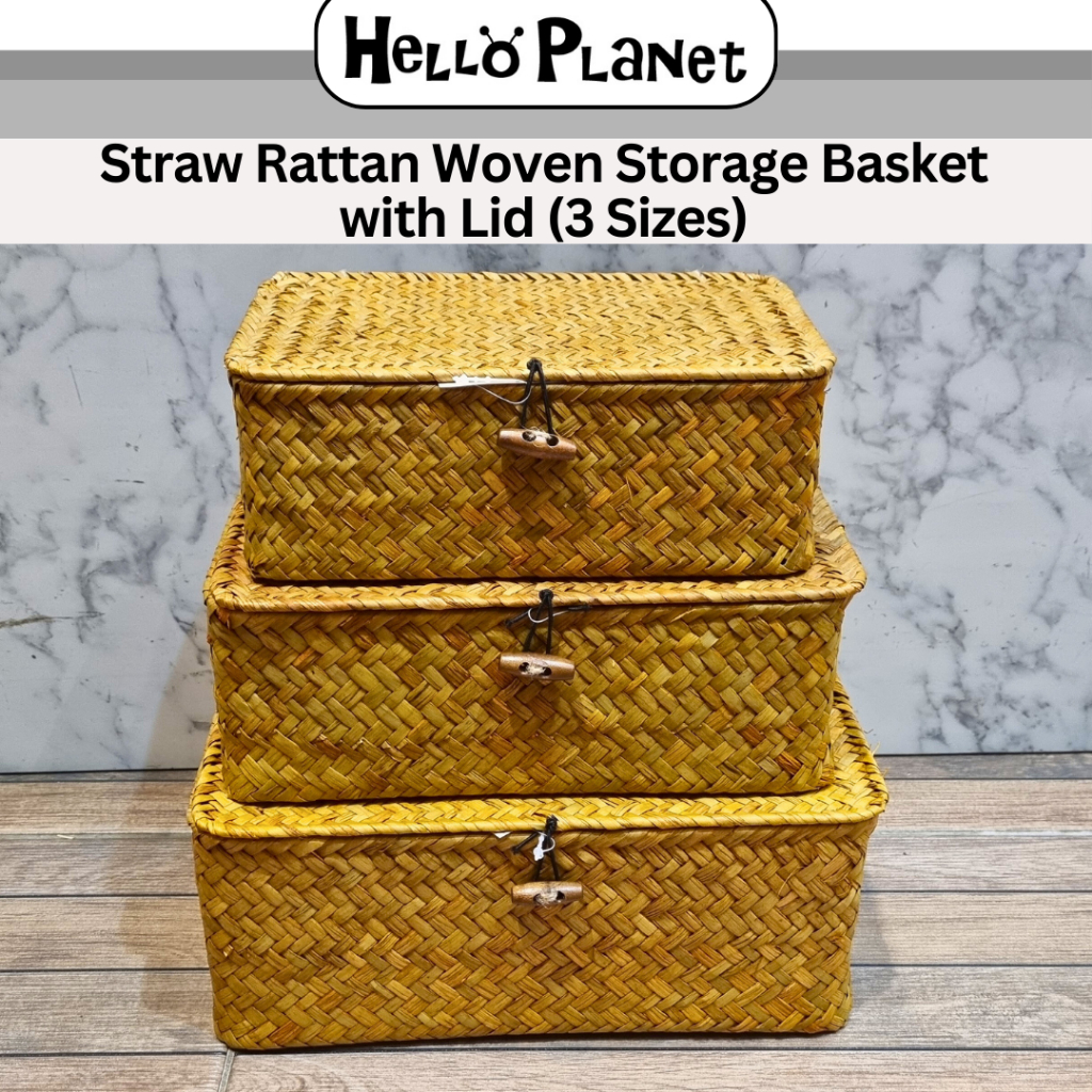 [READY STOCK] Straw Rattan Woven Storage Basket with Lid 3 Sizes ...
