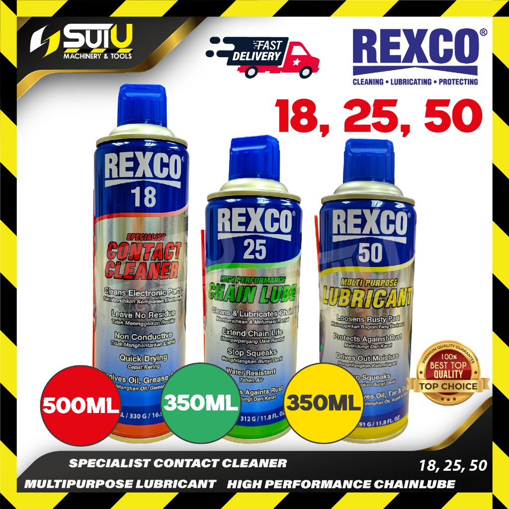 REXCO 18 Specialist Contact Cleaner (500ML) / 25 High Performance Chain Lube (350ML)/ 50 Multi ...