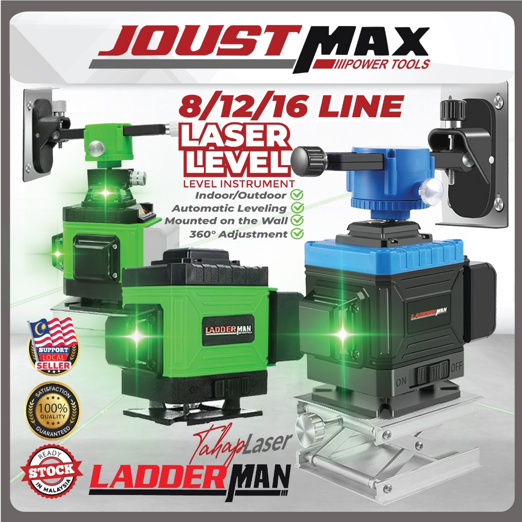 Ladderman 8 / 12 / 16 Line Laser Level Green Light Self-Leveling Cross ...