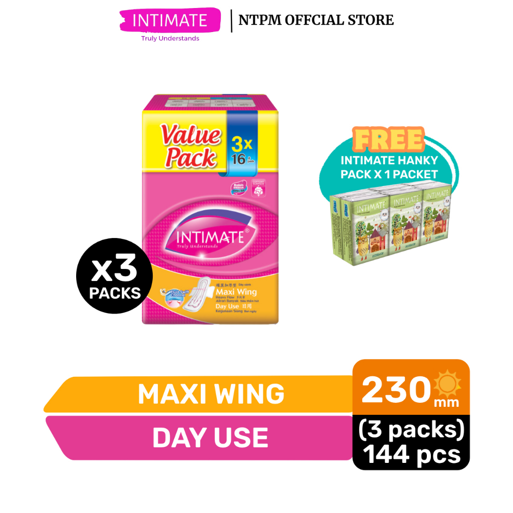 Intimate Day Maxi Wing 230mm (3 x 16pcs) x 3packs - FREE INTIMATE HANKY ...