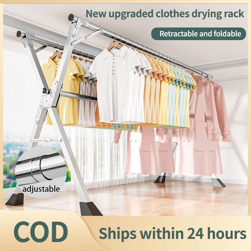 【Foldable/Extendable】Stainless Steel 240cm double/Three pole Cloth hanger Foldable Cloth Drying ...