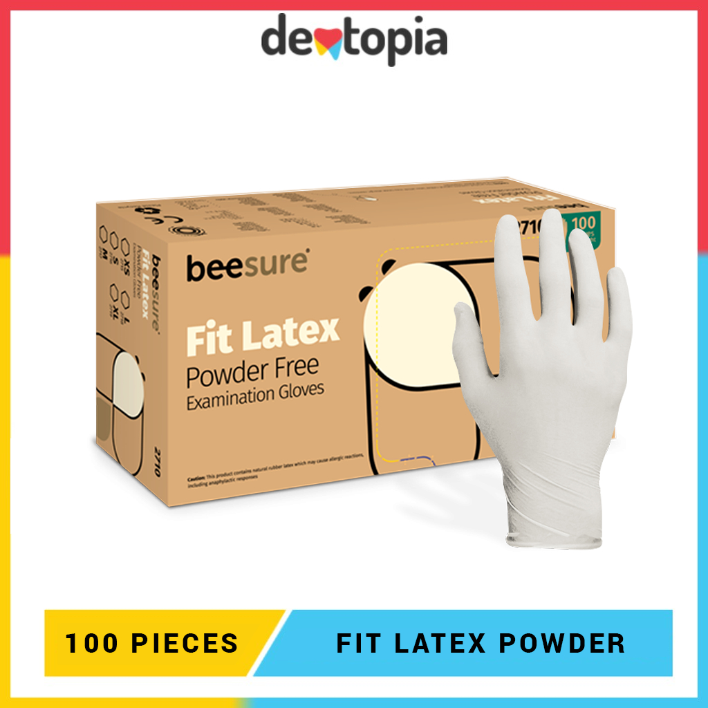 100pcs BeeSure Fit Latex Examination Gloves [XS, S, M] Powder Free ...