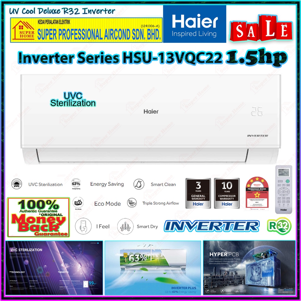 Haier 1.5hp Inverter Air Conditioner HSU-13VQC22 R32 Inverter Aircond ((UVC Sterilization ...