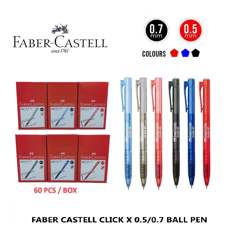 Faber-Castell Ball Pen Click X5 X7 (0.5mm/0.7mm) Black Blue Red 1422 1425 Click X (1Box = 60pcs ...