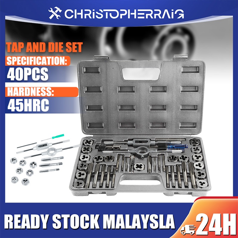 40Pcs M3-M12 Screw Nut Tap and Die Set with Wrenches and Thread Gauge ...