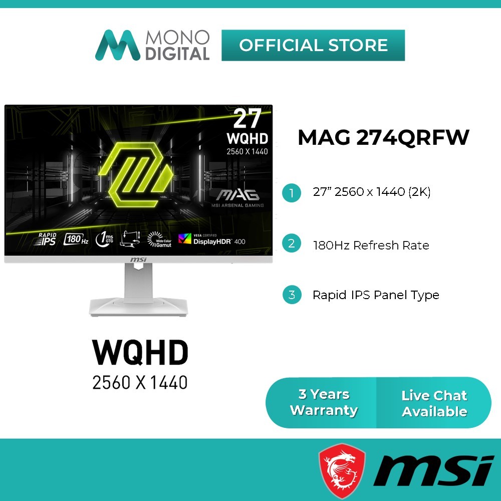 MSI MAG 274QRFW / G274QRFW Gaming Monitor w/ WQHD, G-Sync, AMD Freesync ...