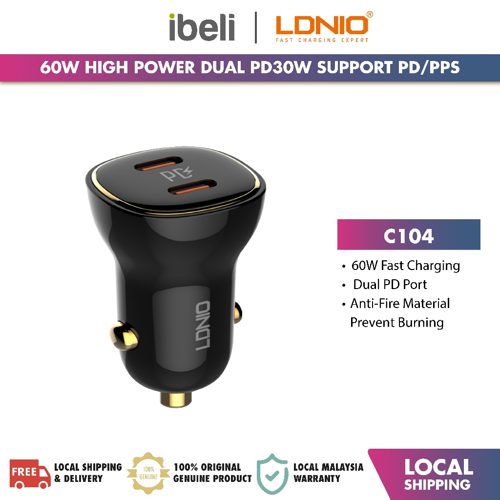 LDNIO C104 60W Dual PD Super Fast Car Charger PD30W Support PD/PPS Quick Charging | Shopee Malaysia