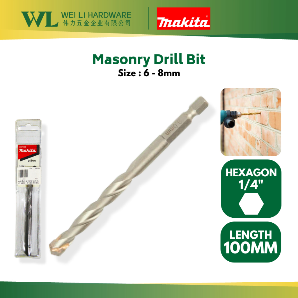 Makita Masonry Drill bit with 1/4" Hex shank for Impact drill 6mm 8mm ...