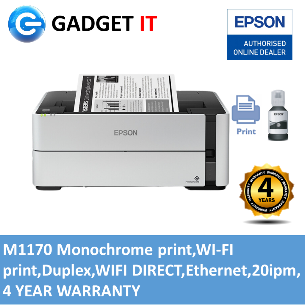 EPSON ECOTANK MONOCHROME M1170 WI-FI / ETHERNET INK TANK PRINTER ...