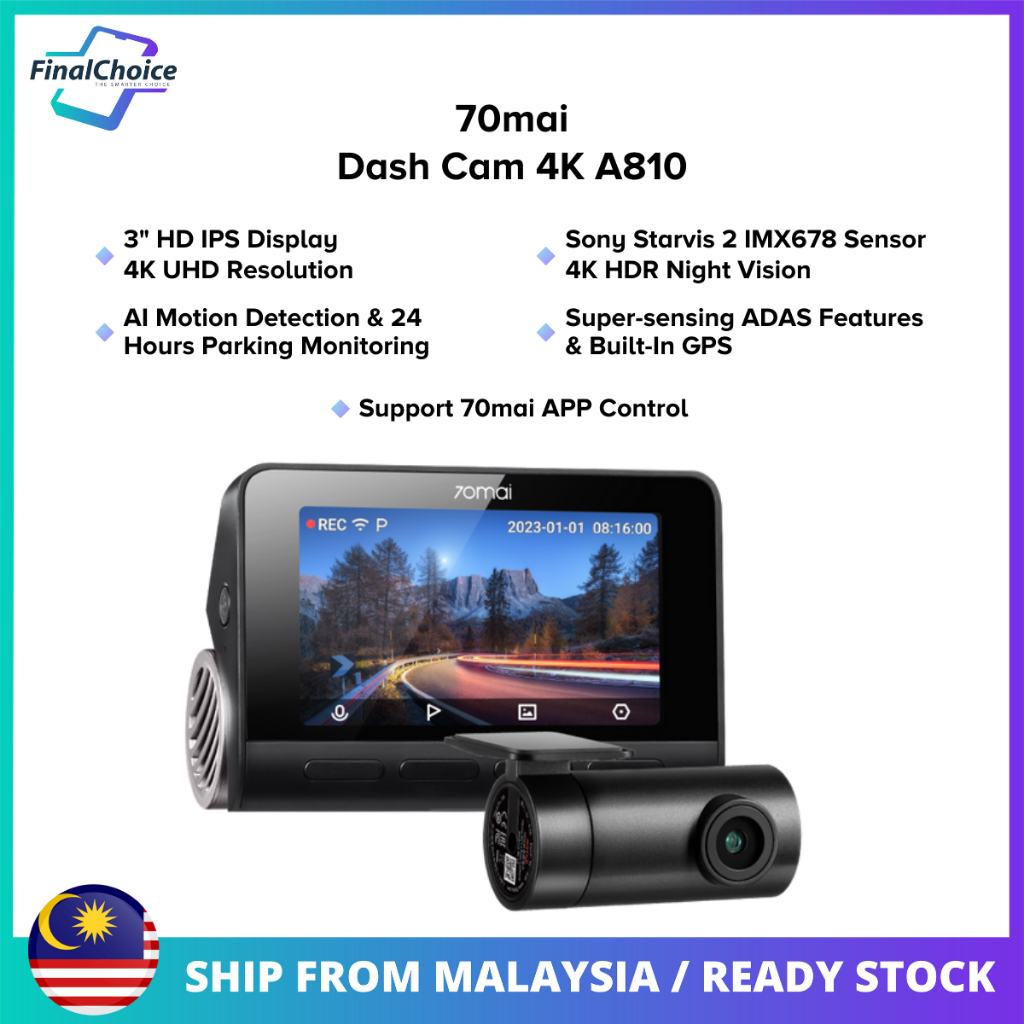 70mai Dash Cam A810 4K UHD Ultra Clear Night Vision Wide Angle Built-In GPS ADAS System AI ...