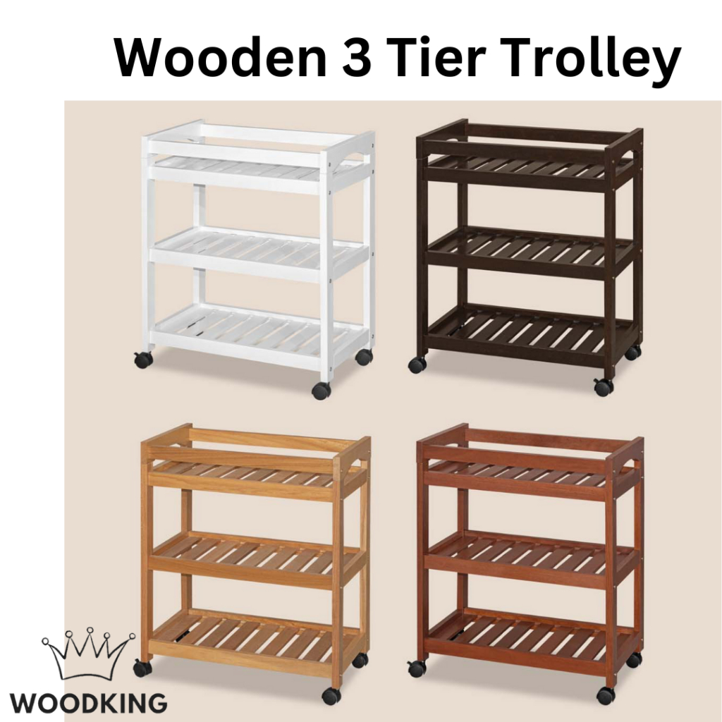 Solid Rubberwood 3 Tier Trolley Multifunction Troli Makanan 3 Tingkat ...