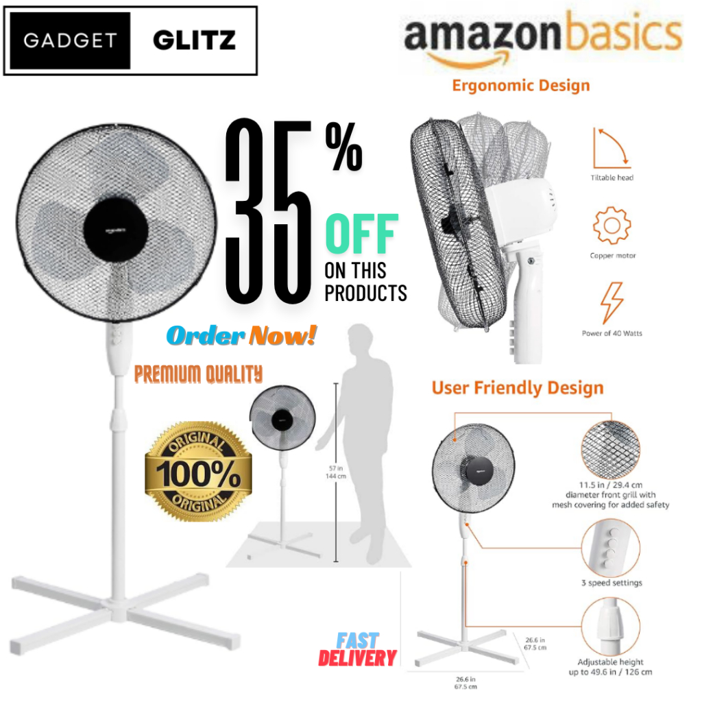 Amazon Basics 3-Speed Oscillating Pedestal Floor Fan with Tiltable Head ...