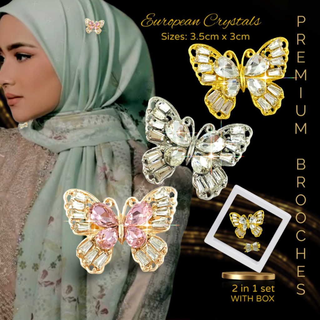 Elegant Brooch Set 2 in 1 [FREE BOX] European Crystal Butterfly ...