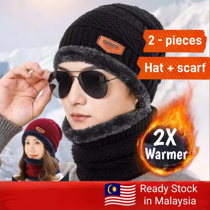 2pcs (Beanie + Scarf) Thickening Windproof Warm Winter Hat Snow Cap ...