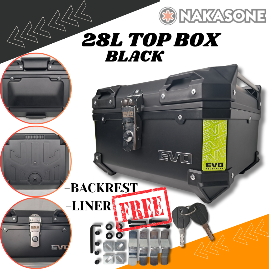 NEW PRODUCT EVO ADVENTURE PLASTIC TOP BOX 28L [ BLACK ] FREE LINER/BACKREST/SCREW PLASTIC TOP ...