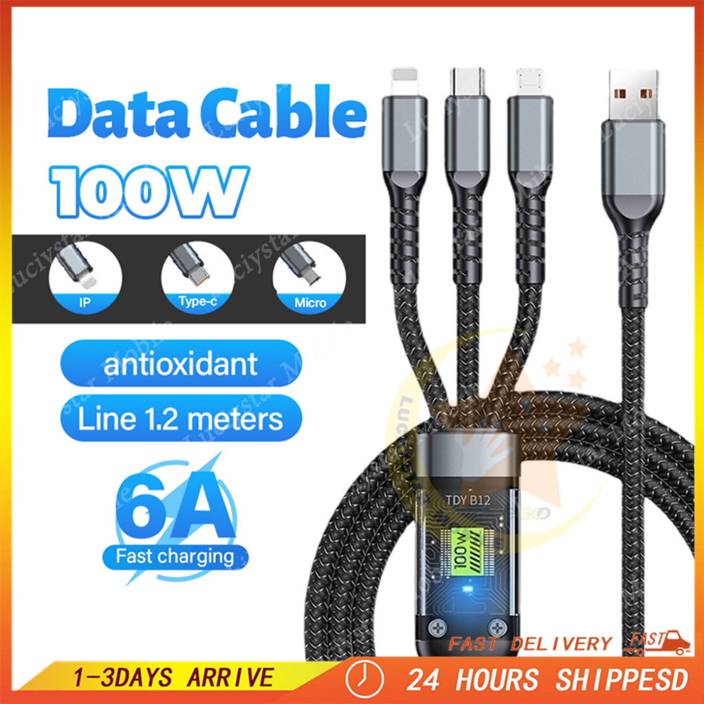 100W 3 in 1 Super Charging Cable 6A Fast Charging Nylon Bradied USB C ...