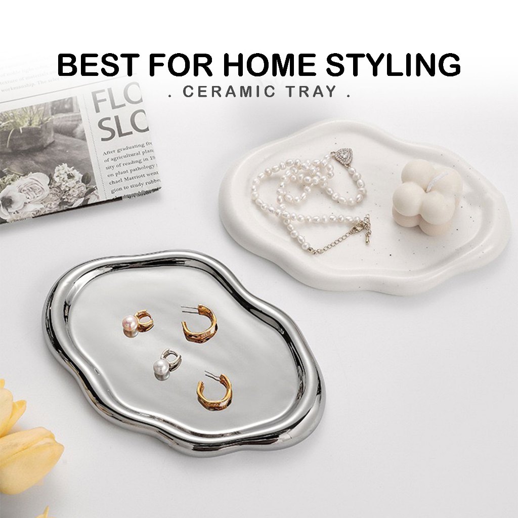Irregular Luxury Ceramic Tray Luxurious Electroplated Silver Jewelry ...