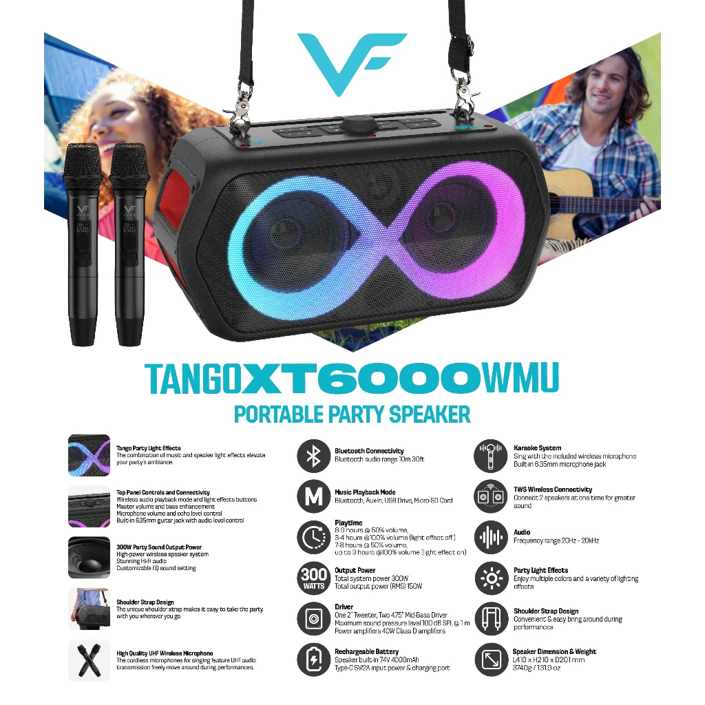 VINNFIER TANGO XT6000WMU PORTABLE PARTY SPEAKER 2 Wireless Mic | Shopee ...
