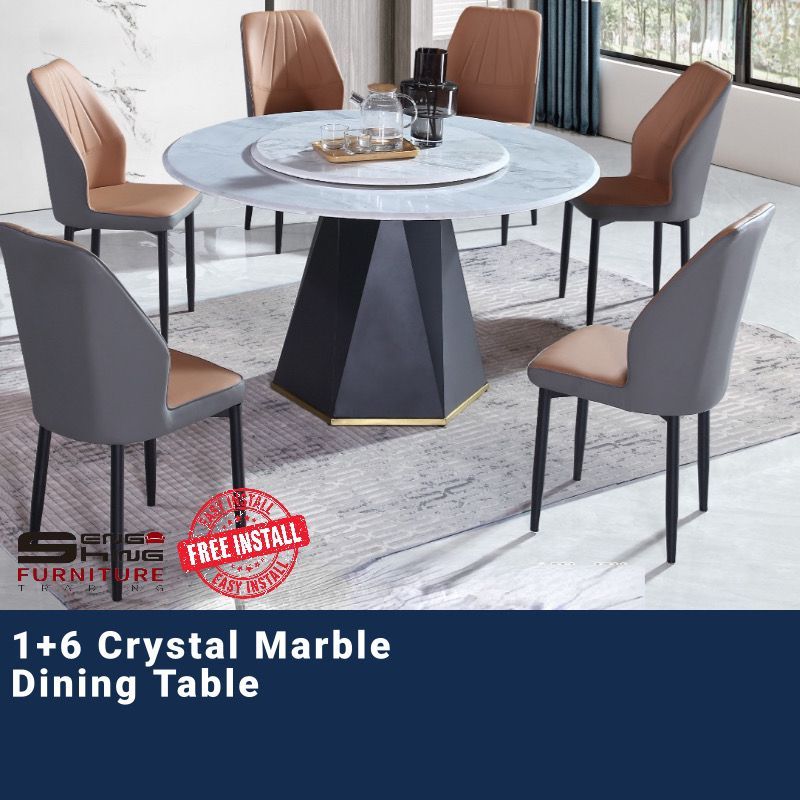 [ Siap Pasang ] SENG HING 1+6 Crystal Marble Dining Table / Marble Top ...