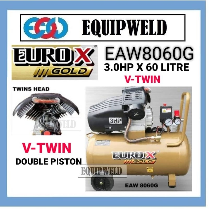 EUROX EAX8060 V-TWIN AIR COMPRESSOR 3.0HP X 60LITRE (EUROPOWER) 3HP X ...