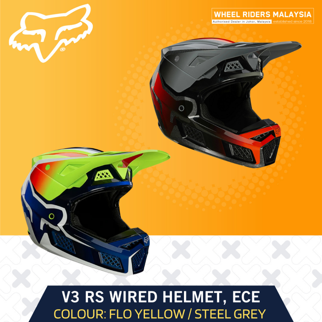 Fox V3 RS Wired Helmet , Ece - Flo Yellow Motocross Offroad Helmet ...