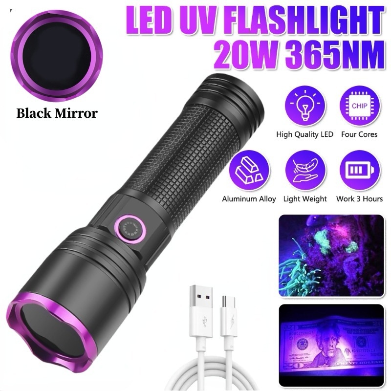 UV LED Flashlight 365nm Type-C Rechargeable Black Mirror Purple Light ...
