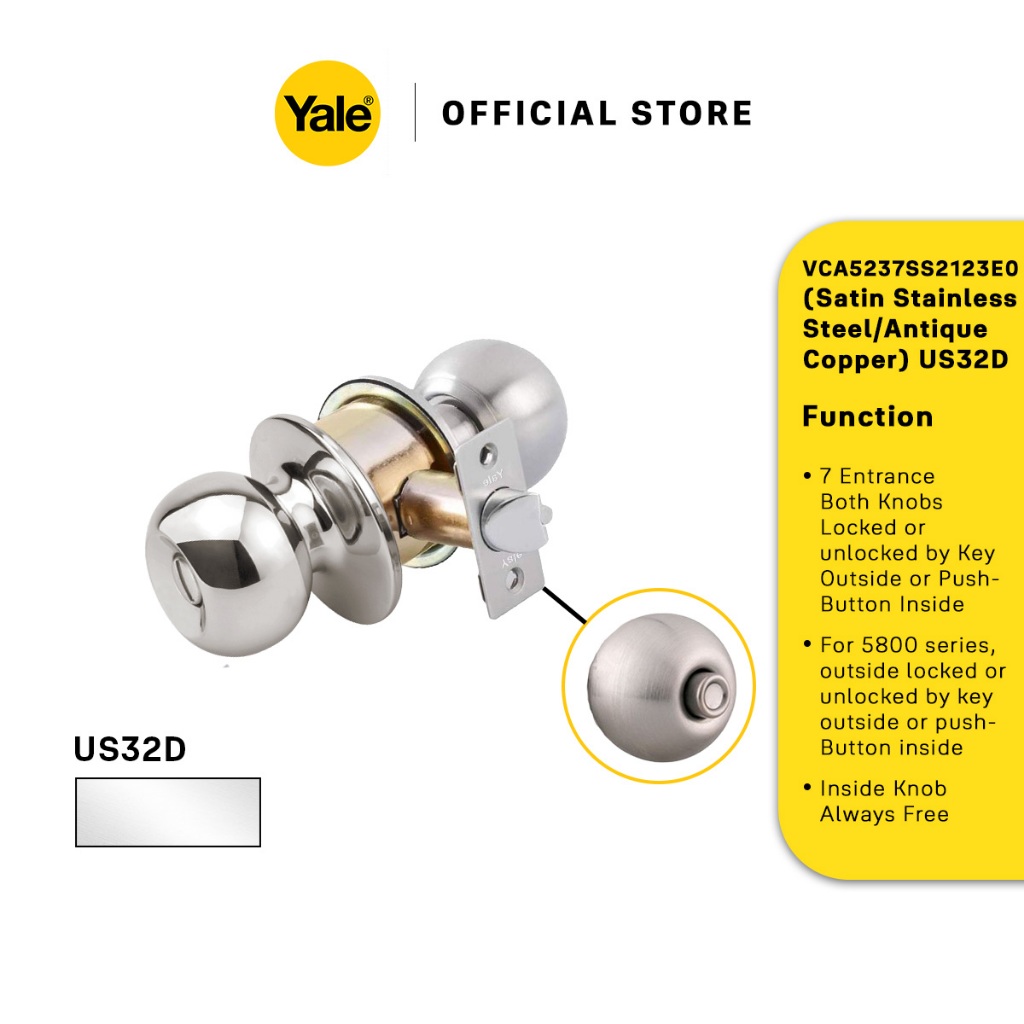 Yale CA5237 US32D 60mm Standard Duty Cylindrical Door Lock Knob Set ...