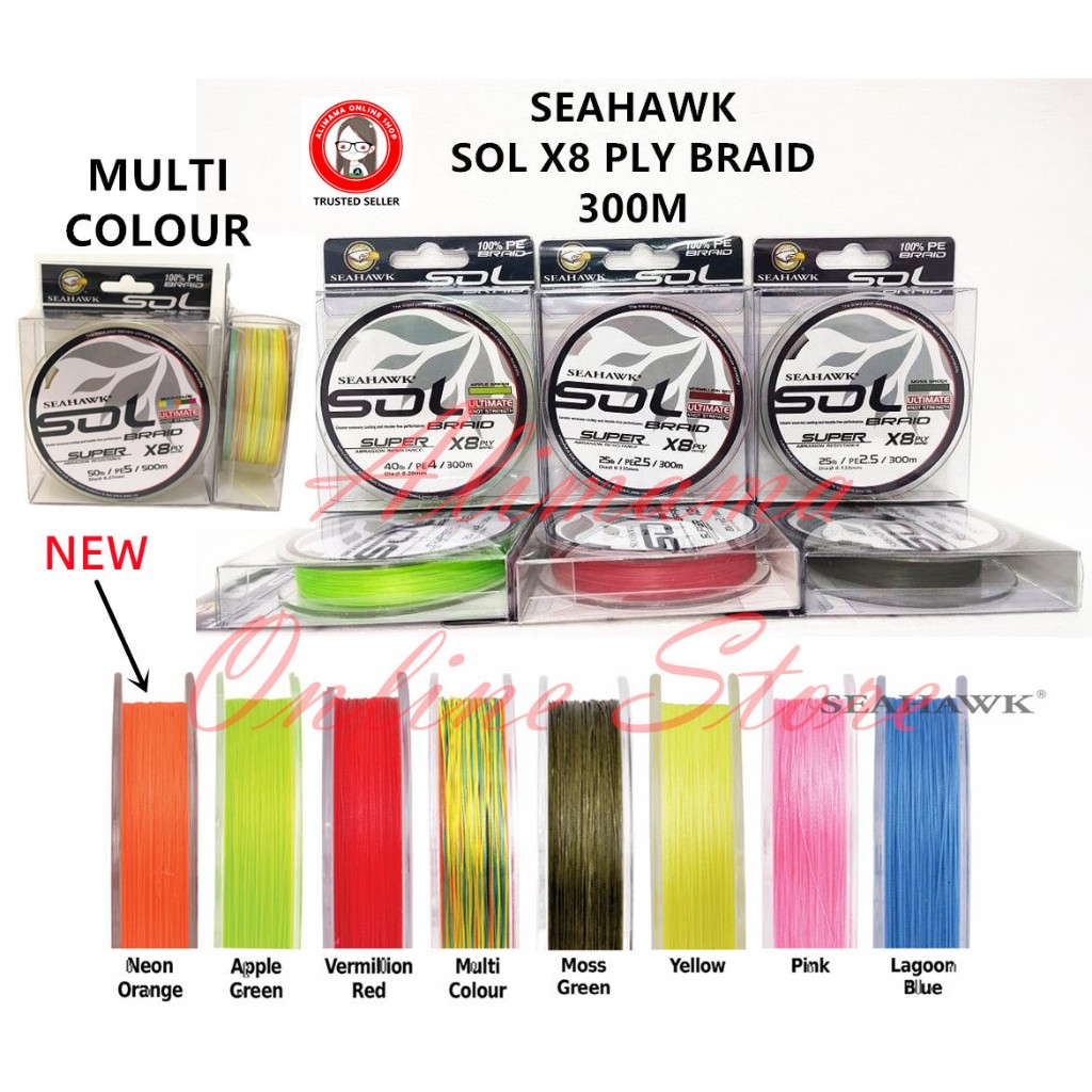 SEAHAWK SOL X8 PLY BRAID 300M FISHING LINE YELLOW / VERMILLION RED ...