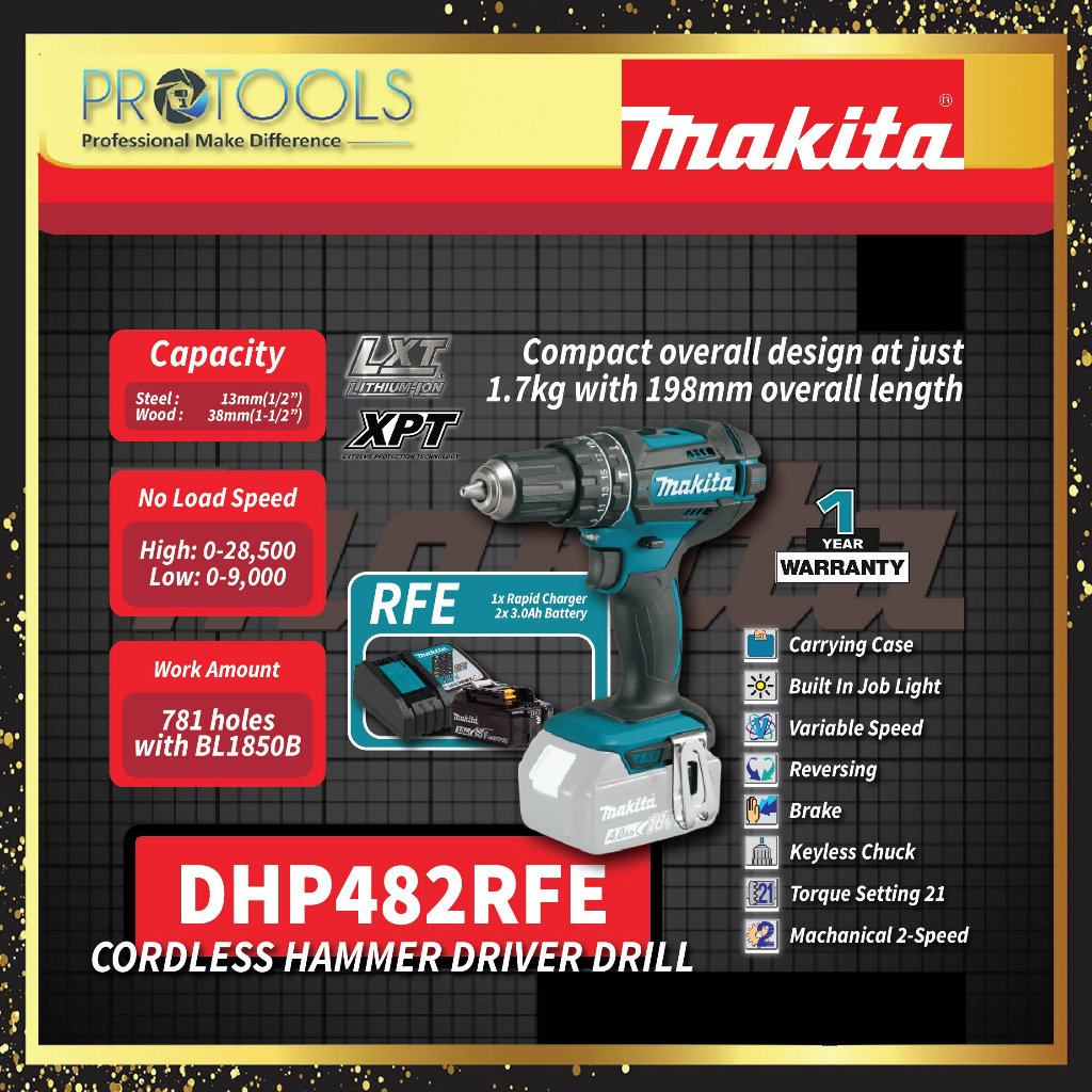 MAKITA 18V DHP482RFE / DHP482RME / DHP482Z 13MM (1/2") CORDLESS HAMMER DRIVER DRILL DHP482 ...