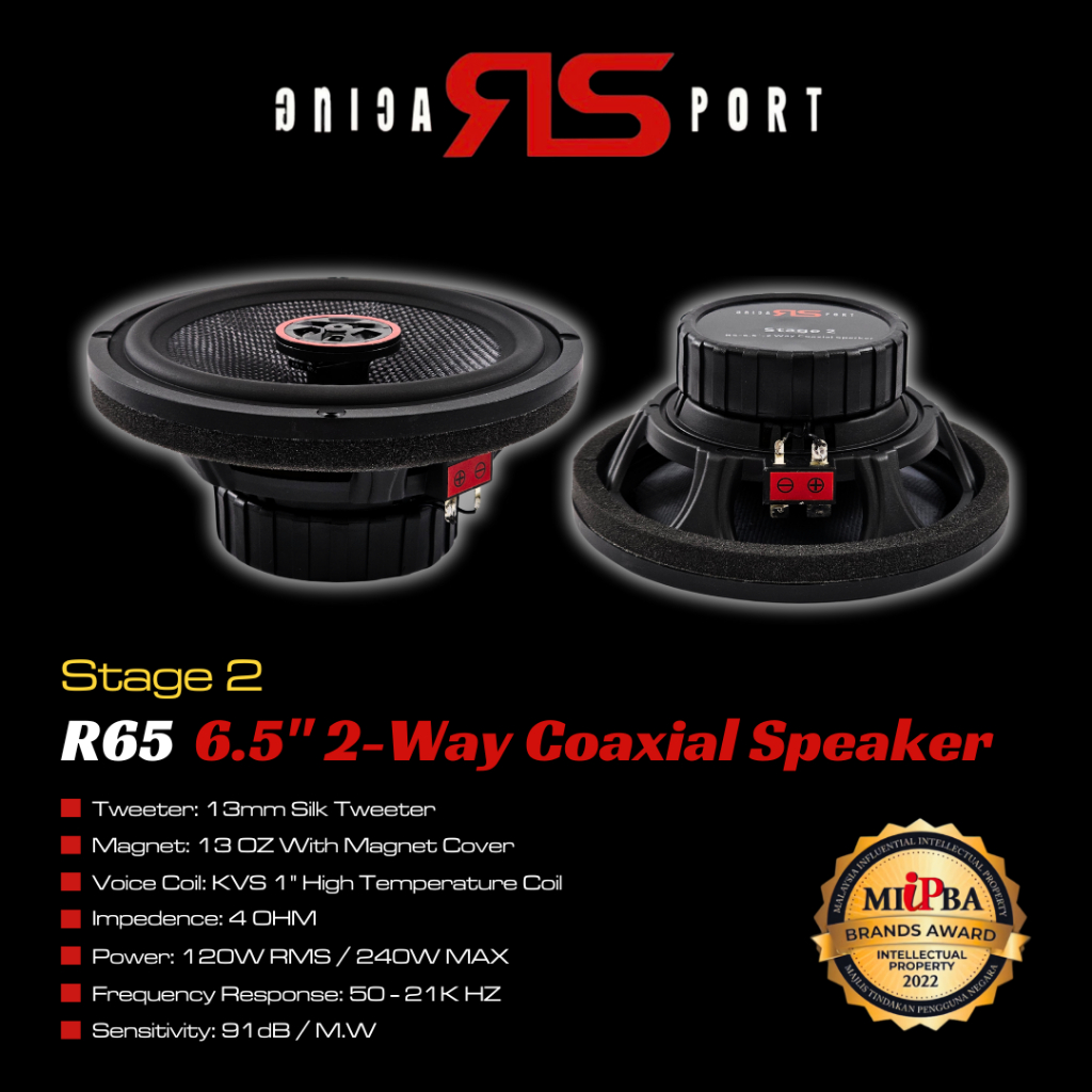 RS RACING SPORT (Stage 2) R65 6.5" 2-Way Coaxial Speaker 6.5 Inch 240W MAX Tweeter Mid Bass ...