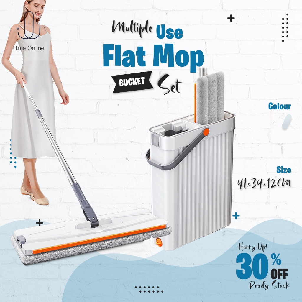 U.me Flat Mop Hands-Free Washing Easy Scrape Mopping Set with Bucket 6 ...