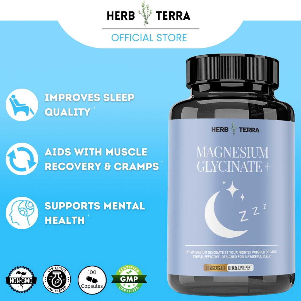 Herb Terra Magnesium Glycinate 500 mg per Serving, Dietary Supplement for Sleep, Heart, Nerve ...
