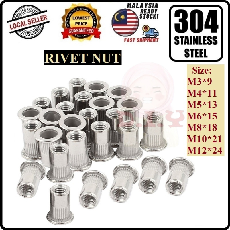 [LINGKUP]304 Rivet Nut M3 M4 M5 M6 M8 M10 M12 304 Stainless Steel Screw Nut Flat Head 不锈钢拉铆螺母 平头 ...