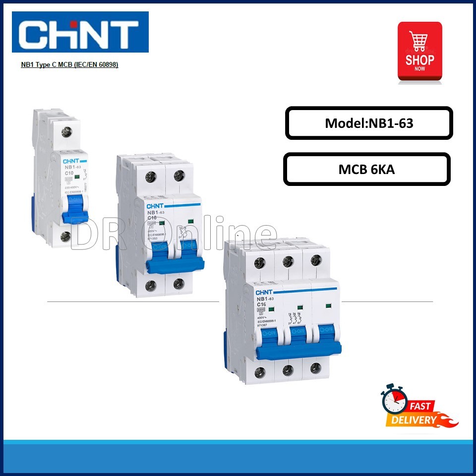 CHINT 1P/2P/3Pole 6KA MCB - 6A , 10A , 16A , 20A , 32A,40A,63A (NB1 Type C IEC/EN 60898) JKR ...