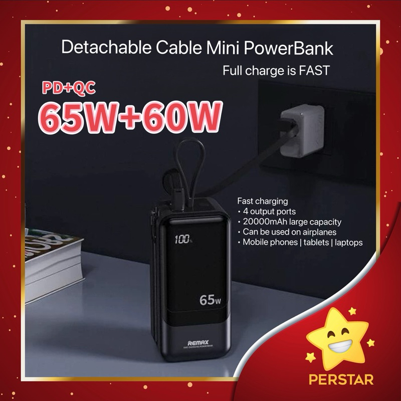65W+60W PD+QC REMAX 20000mAh Mini Detachable Super Charge Power Bank ...