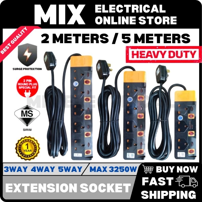 [sirim] Heavy Duty 3 4 5 Gang Trailing Extension Socket 3 Pin Surge Protection 2m 5m 3250w