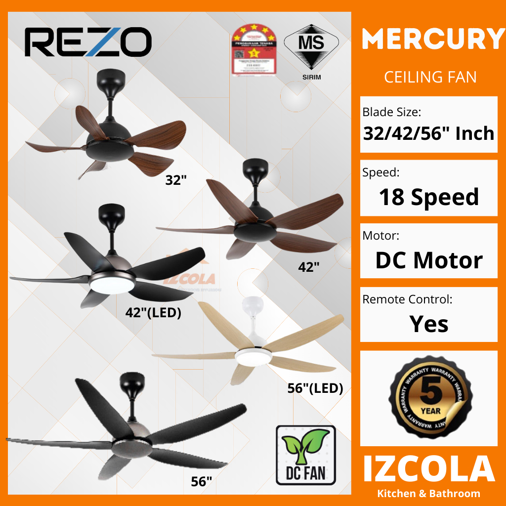 Kipas Siling Rezo Signature Mercury LED Saiz: 56", 42", 32" inci ...