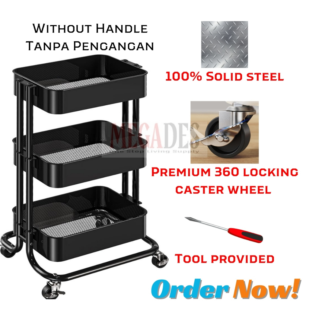 100% Steel 3 Tier Metal Trolley Rack / 3 Steel Trolley / Storage Rack ...