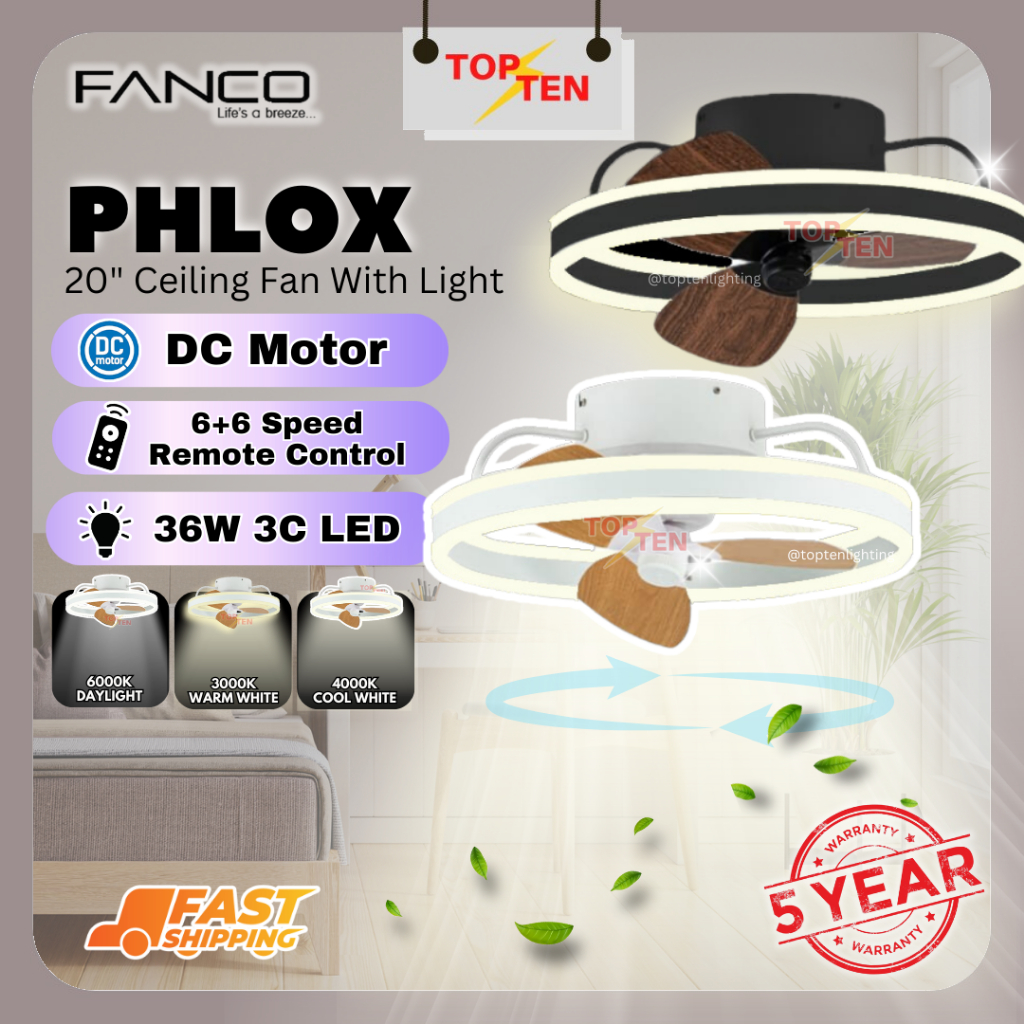 Fanco Phlox FA8127 20" Ceiling Fan With 36W 3 Color LED Light DC Motor ...