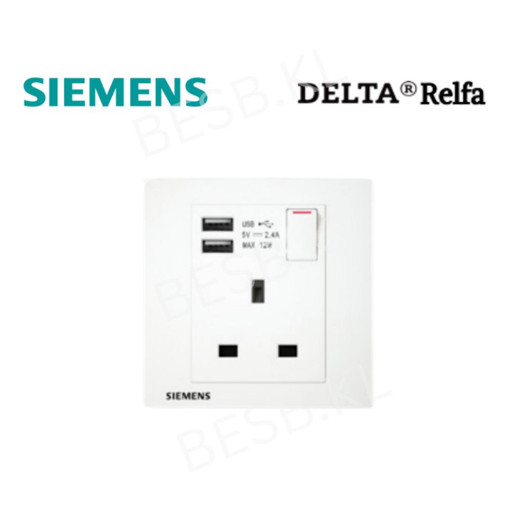 Siemens Delta Relfa 13A 1 Gang SP Switched Socket with 2 x 2.4A USB Type A 5UB1374-3PC01 ...