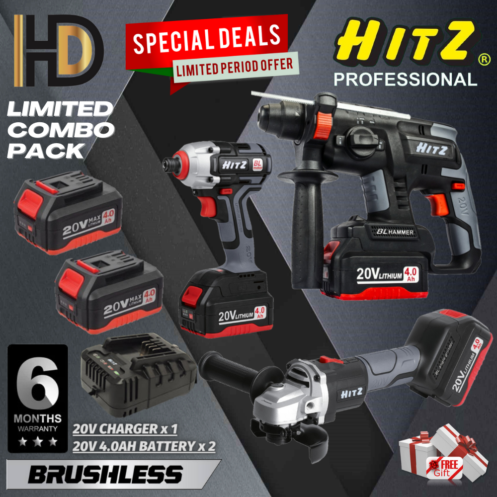 HITZ 20V 3 IN 1 MEGA COMBO / BRUSHLESS MOTOR / ROTARY HAMMER + GRINDER ...