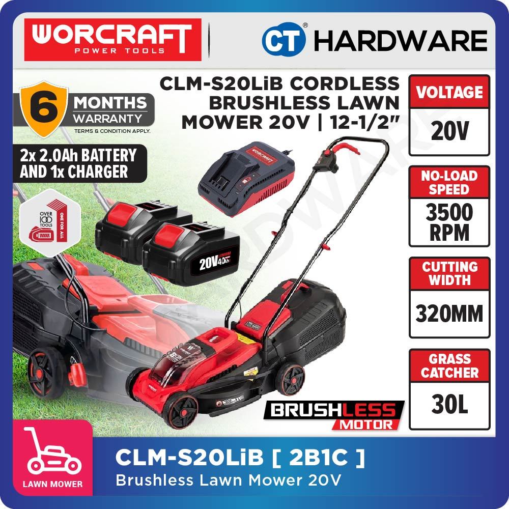 Worcraft CLM-S20LIB Cordless Brushless Lawn Mower 20V | 12-1/2" | 3300RPM | Mesin Pemotong ...