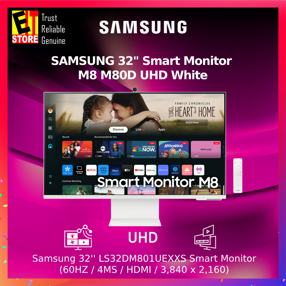 Samsung 32" M8 M80C (WHITE) Smart Monitor 4K UHD HDR10/SLIMFIT CAMERA ...