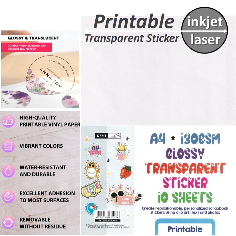 KAMI Glossy Transparent Printable A4 Sticker 130g 10 Sheets Pack A4 ...